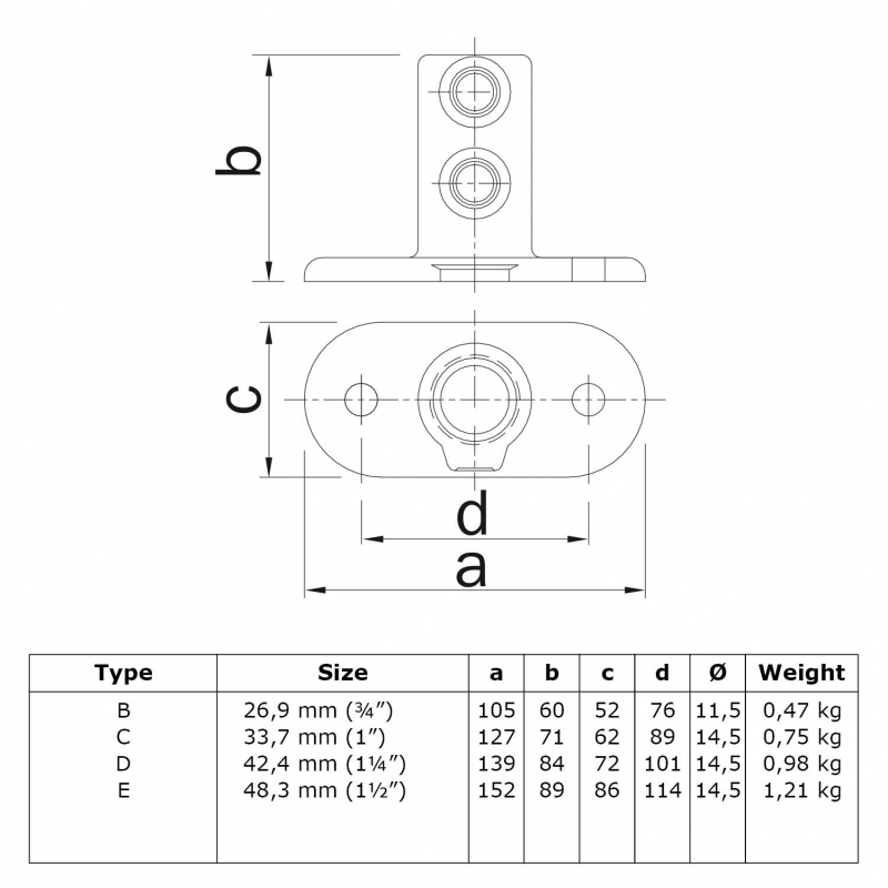 Support noir 2 vis pour base de montant vertical Diamètre M - 5/4